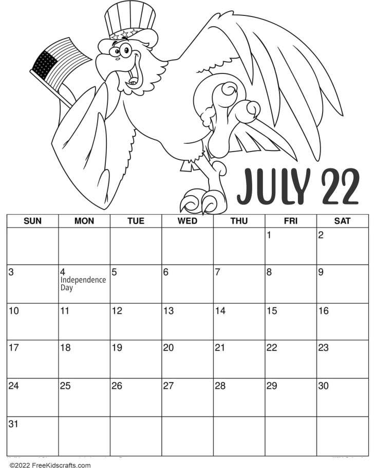 Printable July Coloring Calendar