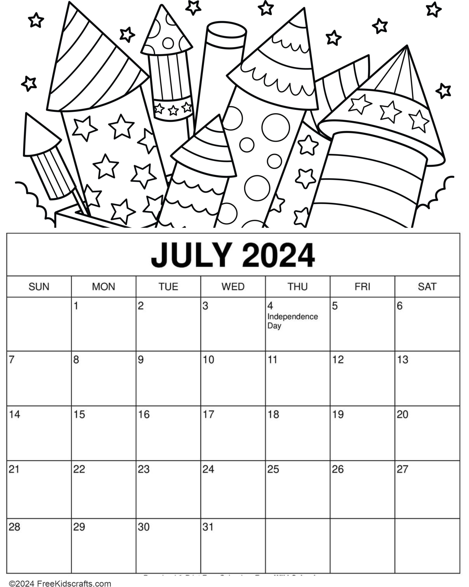 Printable July Coloring Calendar